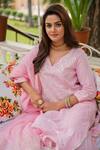 Buy Pink Cotton Embroidery V Neck Mirror Embellished Kurta Set For Women by Maison Shefali ...