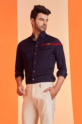 Buy Blue Terylene Embroidered Leather Applique Mandarin Collar Shirt ...