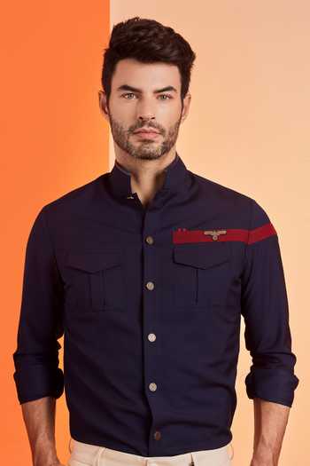 Buy Blue Terylene Embroidered Leather Applique Mandarin Collar Shirt ...