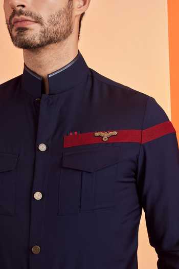 Buy Blue Terylene Embroidered Leather Applique Mandarin Collar Shirt ...