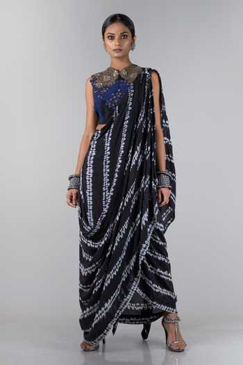 Buy Nupur Kanoi Shibori Pre-Draped Saree with Blouse Online | Aza Fashions