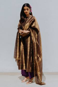 Buy Mimamsaa Gold Woven Tissue Printed Anarkali Set Online | Aza Fashions