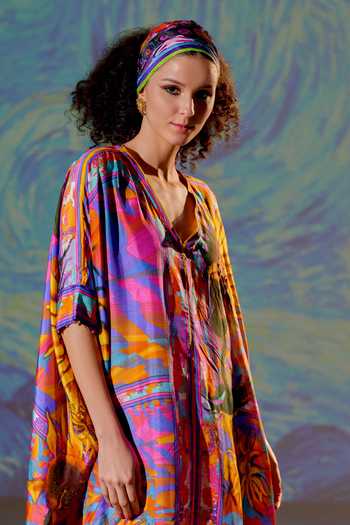 Buy Rajdeep Ranawat Multi Color Majida Silk Kaftan Tunic And Pant Set ...