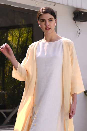Buy Linen Bloom Peach Long Linen Jacket Online | Aza Fashions