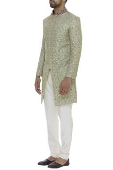 Buy Sarab Khanijou Green Bead Embroidered Short Sherwani Online | Aza ...