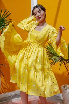 Buy House of Fett Yellow Cotton Frou Frou Dress With Cape Online | Aza ...