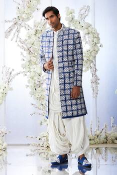 Buy Seema Gujral- Men Blue Raw Silk Aari Work Front Open Sherwani Set ...