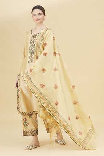 Buy Samyukta Singhania Beige Cotton Silk Hand Block Print Kurta Set ...