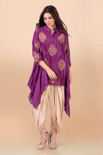 Buy Jajobaa Purple Maheshwari Silk Embroidered Kurta And Dhoti Pant Set ...