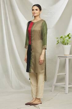 Buy Samyukta Singhania Green Art Silk Color Block Tunic Online | Aza ...