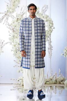 Buy Seema Gujral- Men Blue Raw Silk Aari Work Front Open Sherwani Set ...