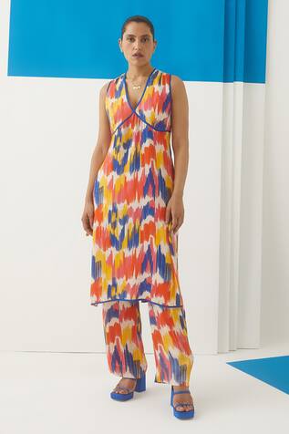 Buy Studio Rigu Multi Color Vegan Silk Ikat Print Kurta And Pant Set ...