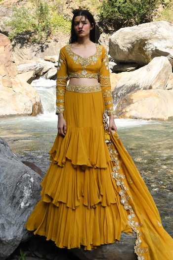 Buy Paulmi and Harsh Yellow Tissue Ruffle Layered Lehenga Set Online ...