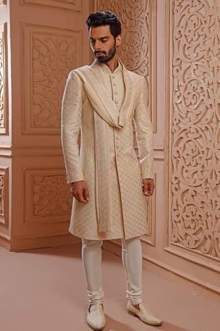 Buy Vanshik Beige Chanderi Floral Embroidered Sherwani Set Online | Aza ...