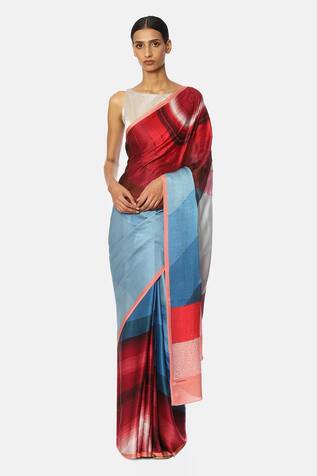 Buy Satya Paul Multi Color Georgette Satin Colorblock Embellished Saree ...