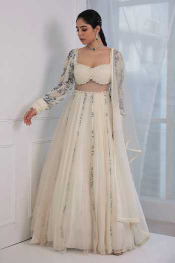 Buy Amit Sachdeva Ivory Georgette Floral Print Anarkali With Dupatta ...