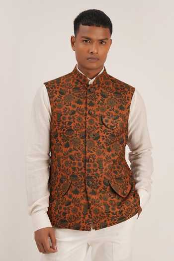 Buy Dhruv Vaish Brown Textured Cotton Silk Floral Print Jawahar Jacket ...