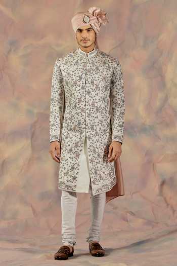 Buy Jatin Malik Silver Linen Silk Embroidered Sherwani Set Online | Aza ...