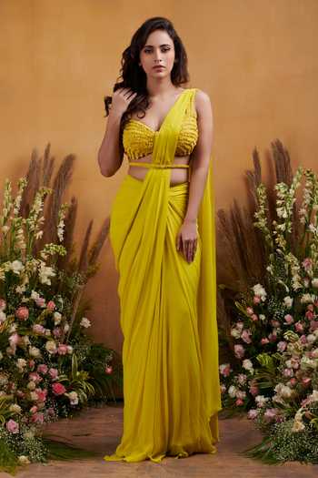 Buy K&A By Karishma and Ashita Yellow Georgette Daffodils Pre-draped ...