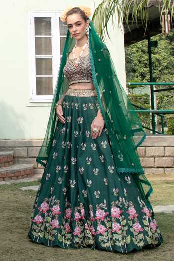 Buy Keerthi Kadire Green Silk Embroidered Lehenga Set Online | Aza Fashions