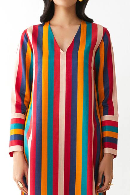 Buy Kshitij Jalori Multi Color Cotton Silk Satin Striped Kurta Set ...