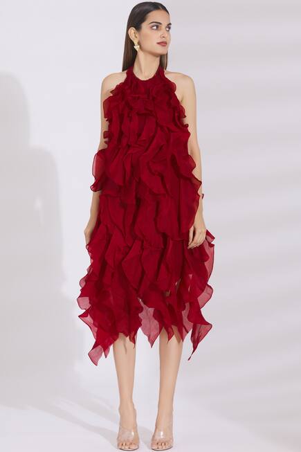 Buy Shriya Som Red Georgette Halter Ruffle Dress Online | Aza Fashions