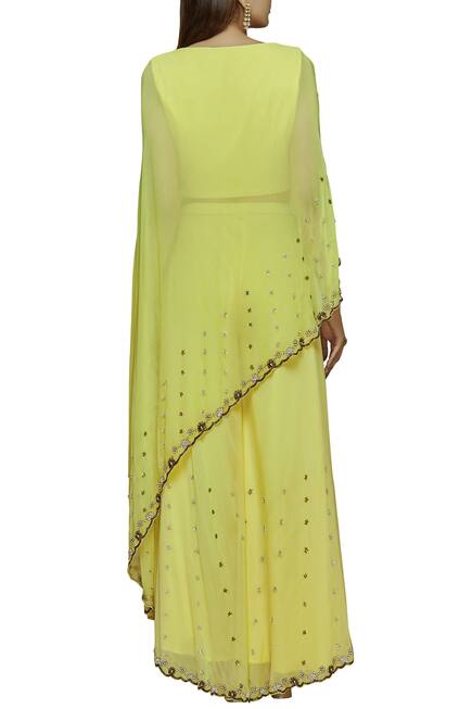 Buy Samyukta Singhania Yellow Georgette Embroidered Cape Palazzo Set ...