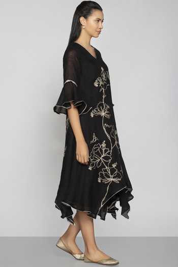 Buy Kaveri Black Linen Layered Dress Online | Aza Fashions