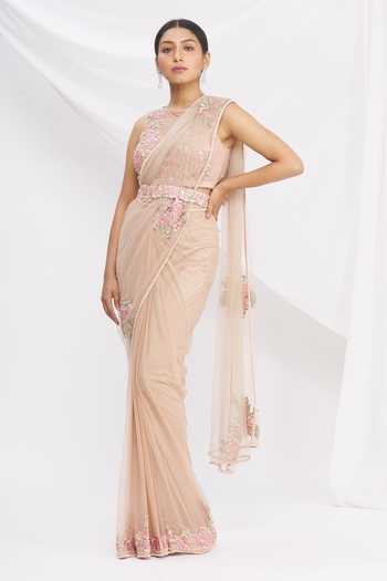 Buy Pre-Draped Sheer Saree with Blouse by Rajat & Shraddha at Aza Fashions