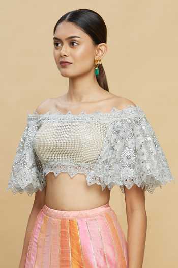 Buy Pallavi Jaikishan White Net Embroidered Off Shoulder Saree Blouse ...