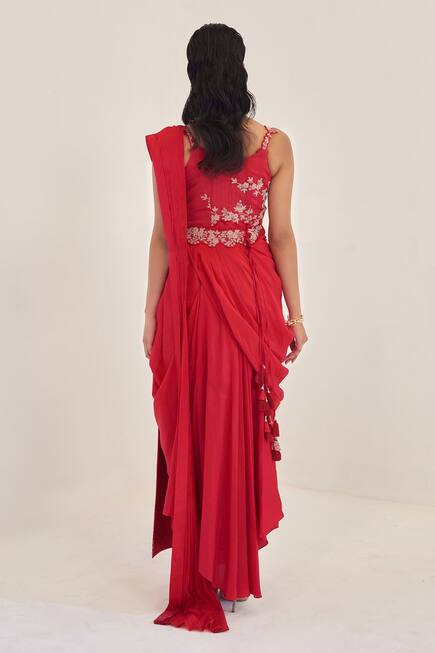 Buy Rishi and Soujit Red Raw Silk Pre-draped Saree With Asymmetric ...