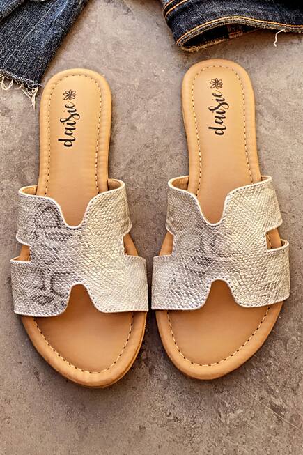 Buy Daisie White Faux Leather Animal Print Sliders Online | Aza Fashions