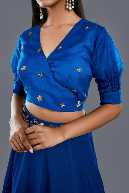 Buy Divya Kanakia Blue Organza Overlap Blouse And Lehenga Set Online ...