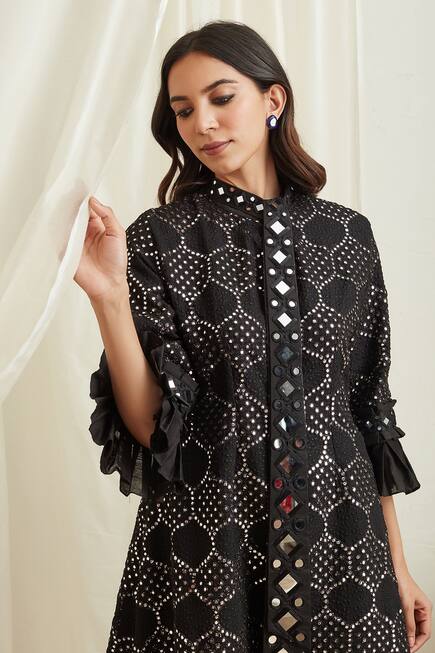 Buy Twenty Nine Black Georgette Mirror Embellished Long Jacket Online ...