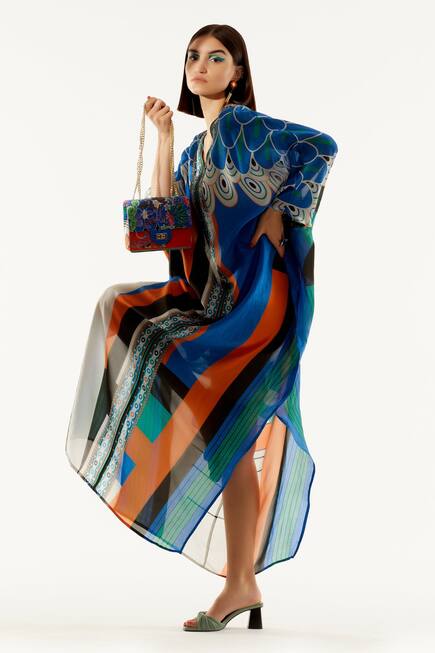 Buy Rajdeep Ranawat Multi Color Silk Verusha Geometric Print Kaftan ...