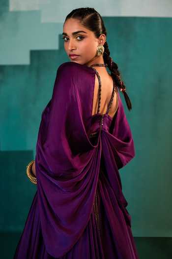 Buy Agunj by Gunjan Arora Purple Shantoon Satin Draped Corset And Skirt ...