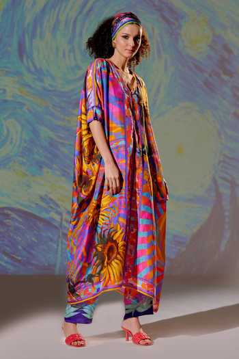 Buy Rajdeep Ranawat Multi Color Majida Silk Kaftan Tunic And Pant Set ...