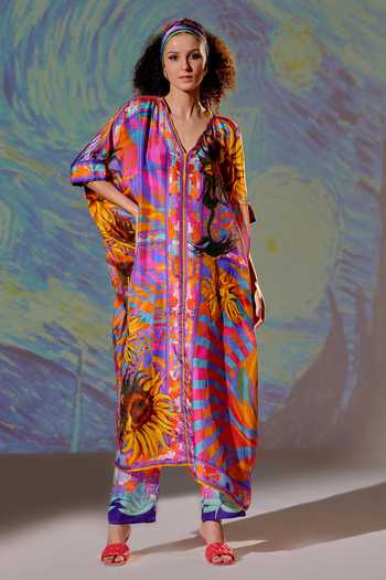 Buy Rajdeep Ranawat Multi Color Majida Silk Kaftan Tunic And Pant Set ...