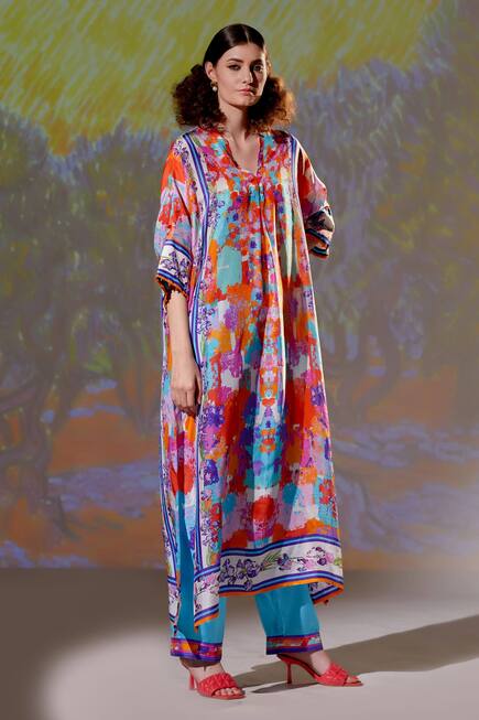 Buy Rajdeep Ranawat Multi Color Silk Banera Printed Kimono Tunic Online ...