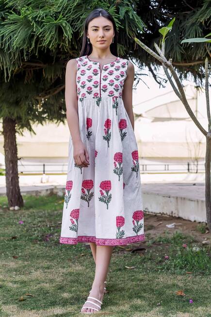 Buy Missprint White Cotton Hand Block Print Tunic Online | Aza Fashions