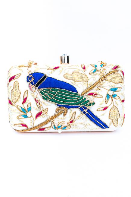 Buy NR by Nidhi Rathi Parakeet Silk Embroidered Clutch Online | Aza ...