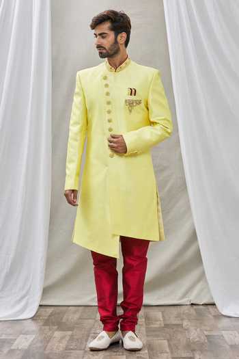 Buy Aryavir Malhotra Yellow Mandarin Collar Sherwani Set Online | Aza ...