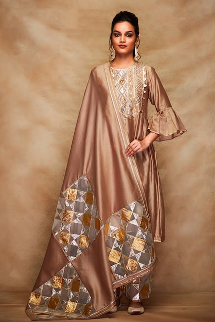 Buy Gulabo by Abu Sandeep Gold Pure Chanderi Silk Net Bordered Gota ...