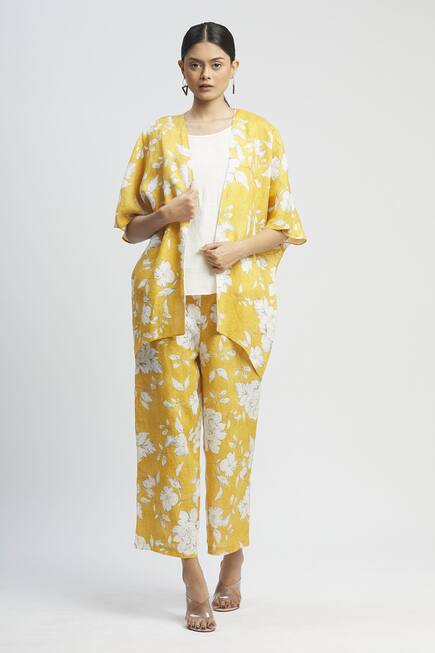 Buy Linen Bloom Yellow Linen Printed Jacket Online | Aza Fashions