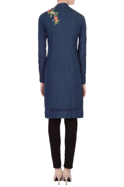 Buy Aqube by Amber Blue Embroidered Denim Front Open Jacket Online ...