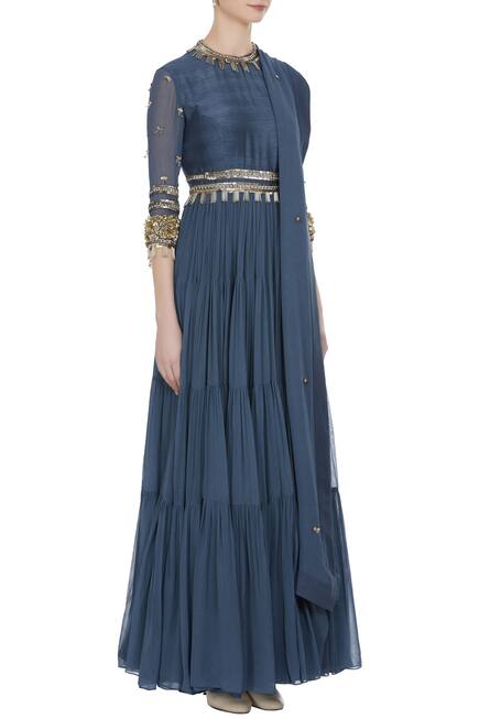 Buy Nidhika Shekhar Blue Tiered Style Pearl And Sequin Anarkali Online ...
