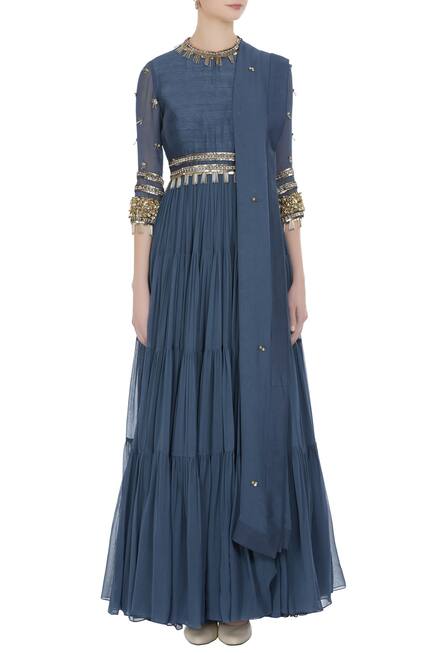 Buy Nidhika Shekhar Blue Tiered Style Pearl And Sequin Anarkali Online ...