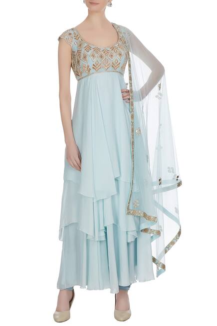 Buy Powder blue tiered anarkali with churidar & dupatta by Ritika ...