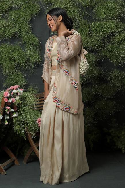 Buy Usha Bagri Beige Silk Pleated Palazzo Set With Jacket Online | Aza ...