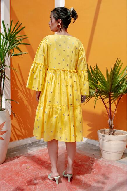 Buy House of Fett Yellow Cotton Frou Frou Dress With Cape Online | Aza ...